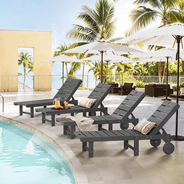 LUE BONA Heli Recycled Dark Gray HDPS Patio Lounge Chair Plastic Stackable Outdoor Chaise Lounge Chair with Wheel Set of 4 4HL JT 003 04