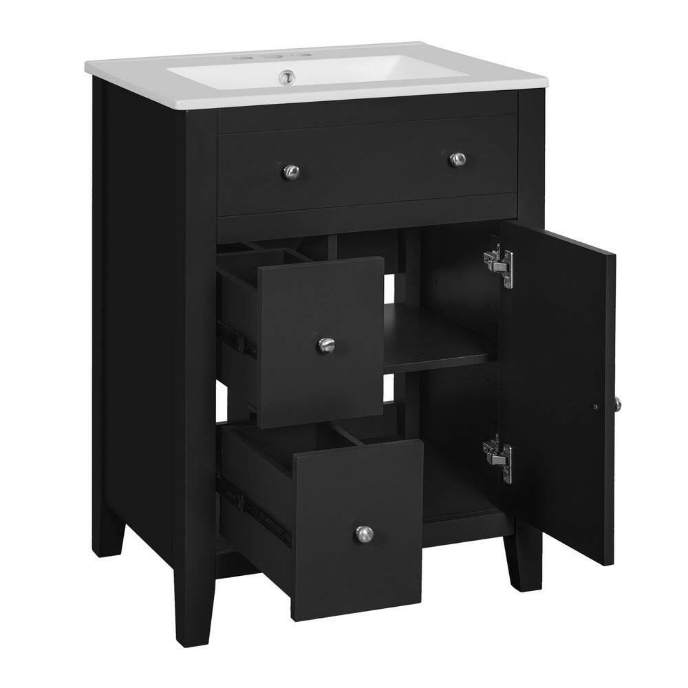 LuckByte 24 in. Black Wood Rectangle Vessel Sink Bathroom Vanity Combo ...