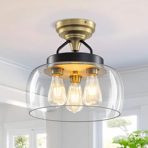 TinHon 14 in. Matte Black and Brass Semi-Flush Mount Ceiling Light with ...