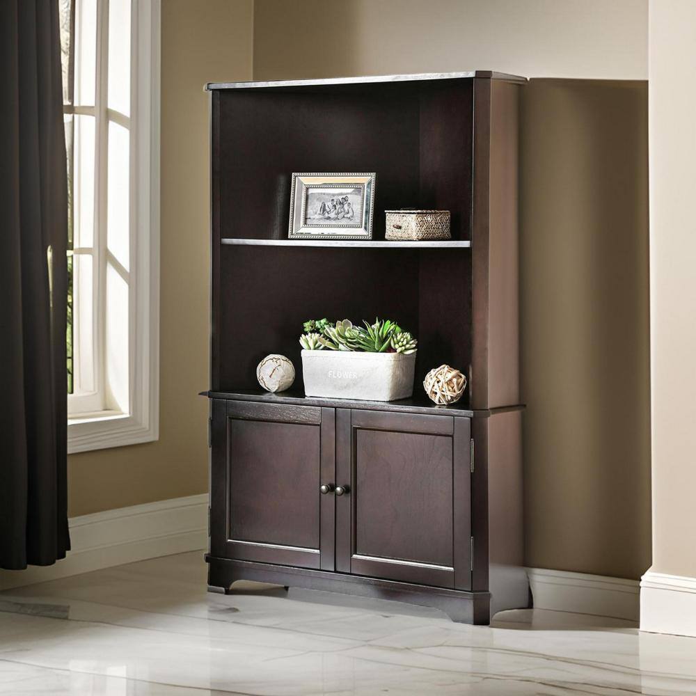 Benjara 50 in. Tall Brown Wood 2-Shelf Standard Bookcase with 2 Doors ...