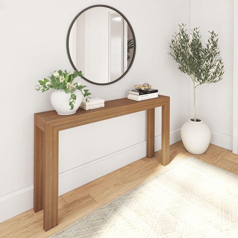 PLANK+BEAM Modern 56 in. Pecan Rectangle Wood Console Table 2700402000 ...