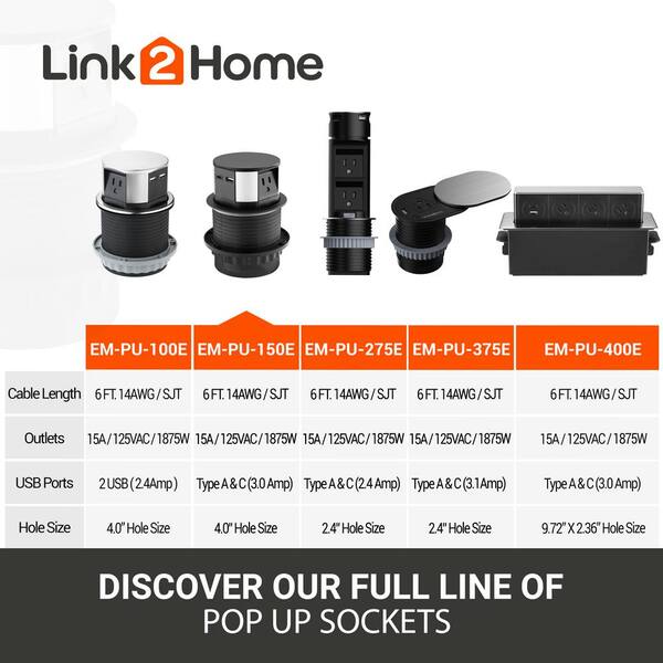 Link2Home Space Saver Pop Up-Outlet, 2 Power Outlets, 2 USB Ports A/C 2 ...