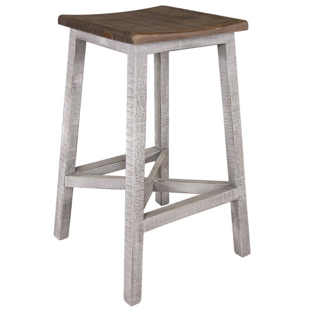 Benjara 25 in. Brown and White Backless Wood Bar Stool with Wooden Seat ...