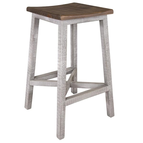 Benjara 25 in. Brown and White Backless Wood Bar Stool with Wooden Seat ...