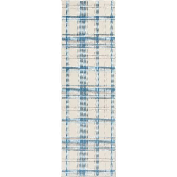 Nourison Grafix Ivory Blue 2 ft. x 8 ft. Plaid Contemporary Runner Area ...