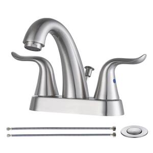 WOWOW 4 in. Centerset Double Handle High Arc Bathroom Faucet with Drain Kit Included in Brushed ...