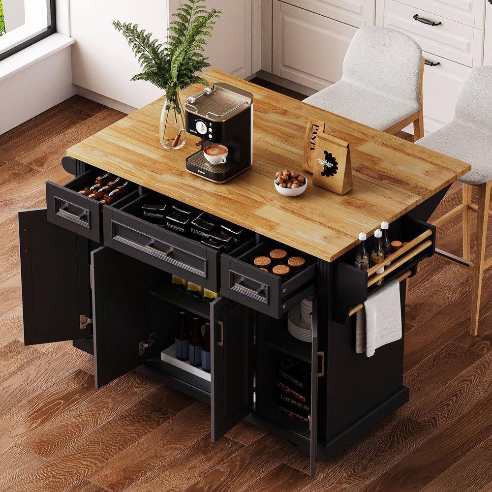 Runesay Rustic Coastal Black Wood 54 in. Rubber Wood Drop Leaf Rolling ...