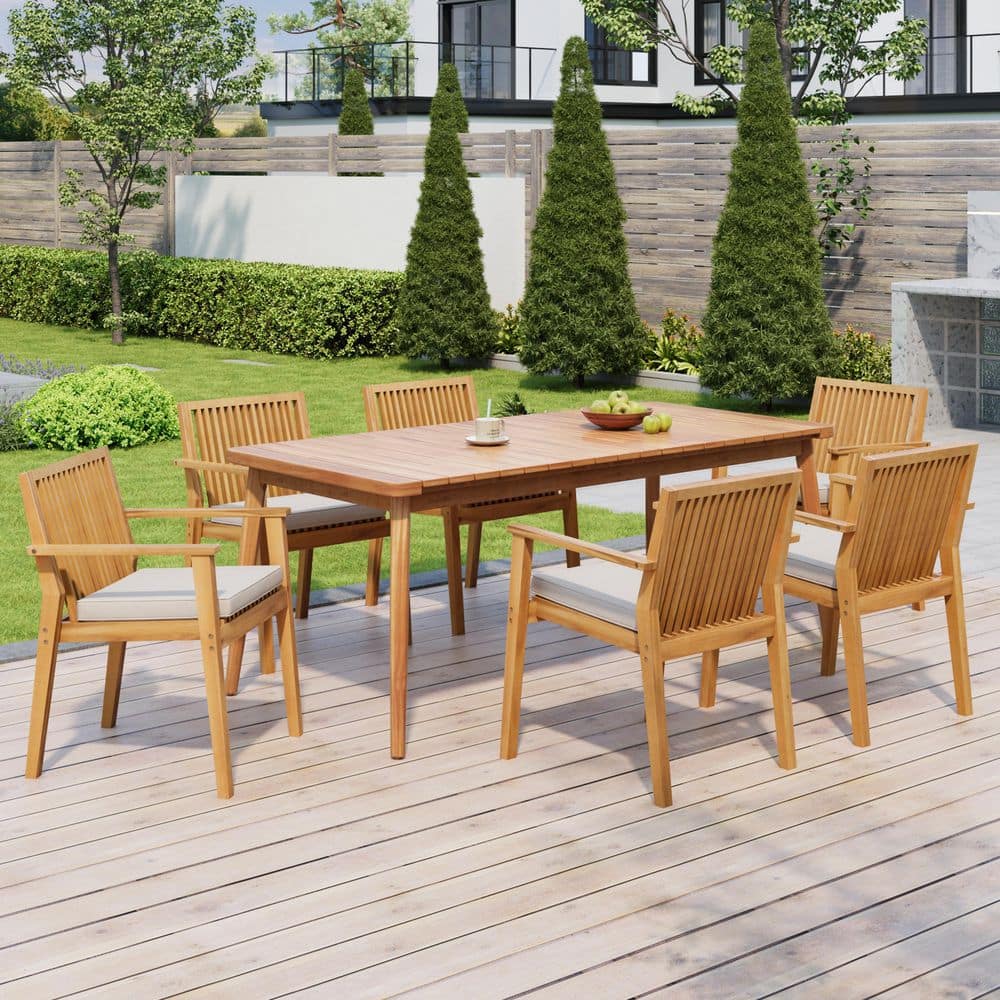 Noble House Birchfield Rustic Patio Natural and Teak Finish 7-Piece Solid Wood Rectangle Outdoor ...