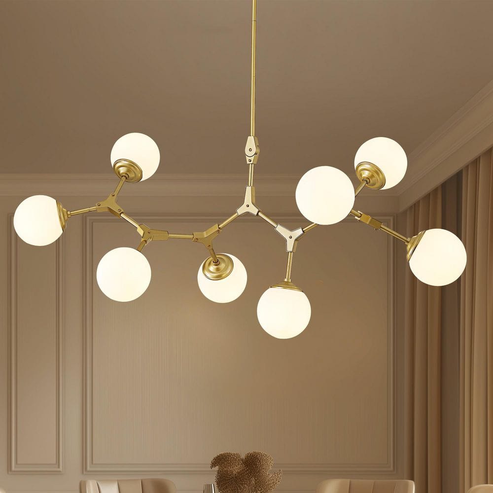 WDETR 56 in. Modern Gold 8-Light Glass Globe Sputnik Linear Chandelier for Dining Room, Mid ...