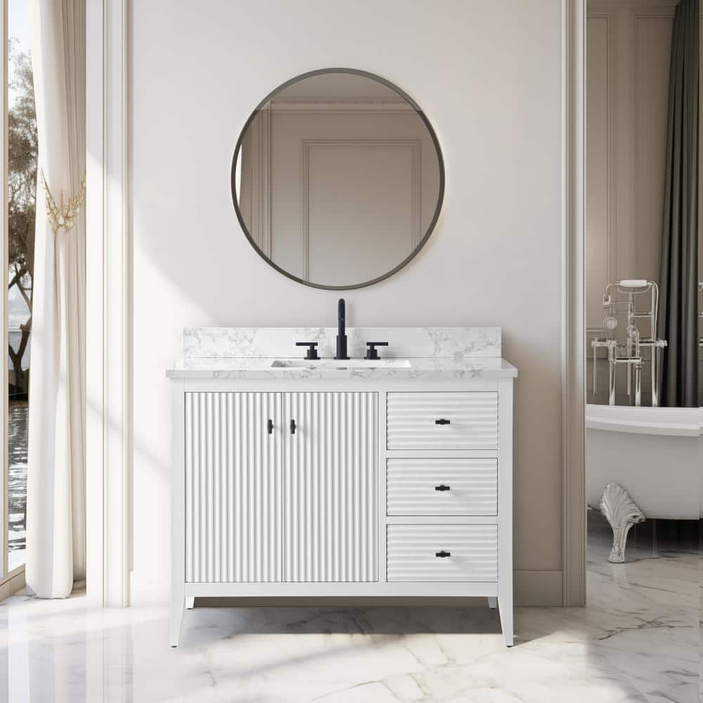 Vanity Art 42 in. W x 22 in. D x 38 in. H Single Sink Bathroom Vanity Cabinet in Linear White ...