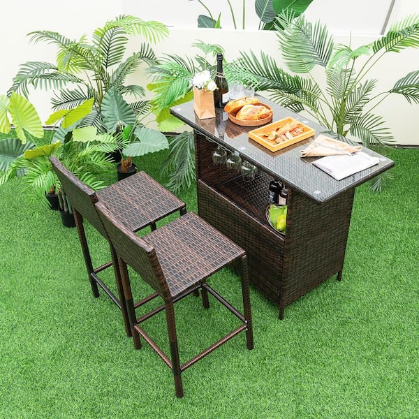 Costway 3pcs patio outdoor rattan wicker bar table and 2 stools store