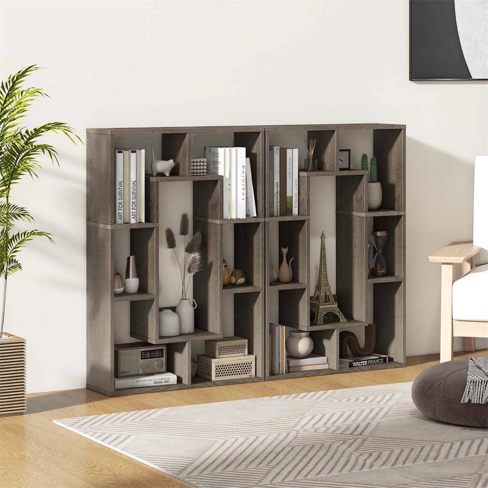 Costway 35.5 in. Tall Gray Engineered Wood 7-Shelf Geometric Bookcase ...