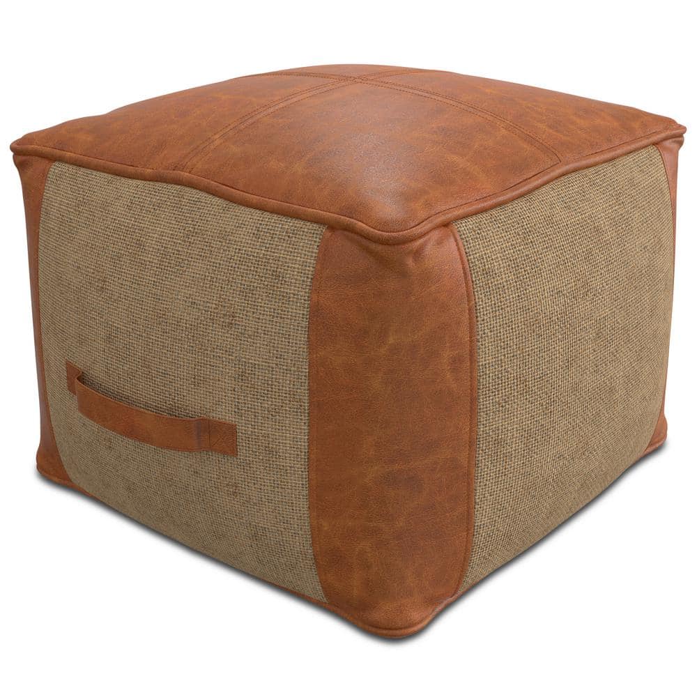 Simpli Home Atkinson Boho Tan Genuine Leather Square Pouf AXCPF-84-TN ...