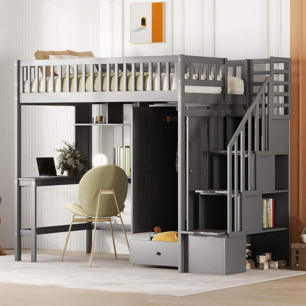 Polibi Twin size Loft Bed with Bookshelf, Drawers, Desk, and Wardrobe-Gray RS-24172AAET - The ...