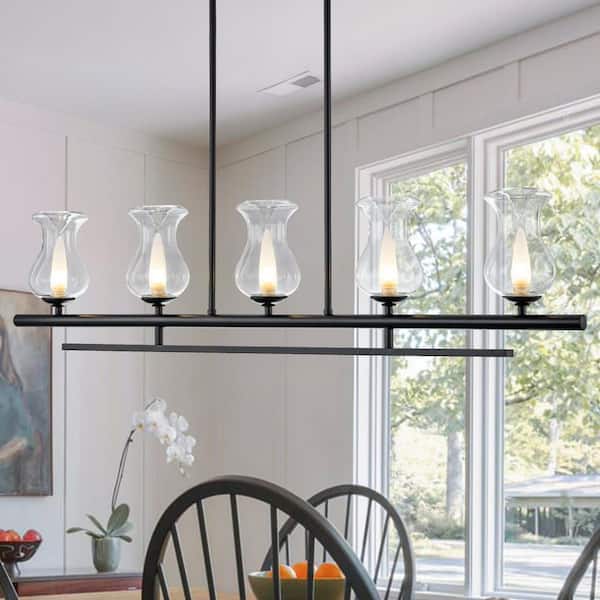 MENCOLULU 48 in. 5-Light Matte Black Linear Chandelier with Glass ...