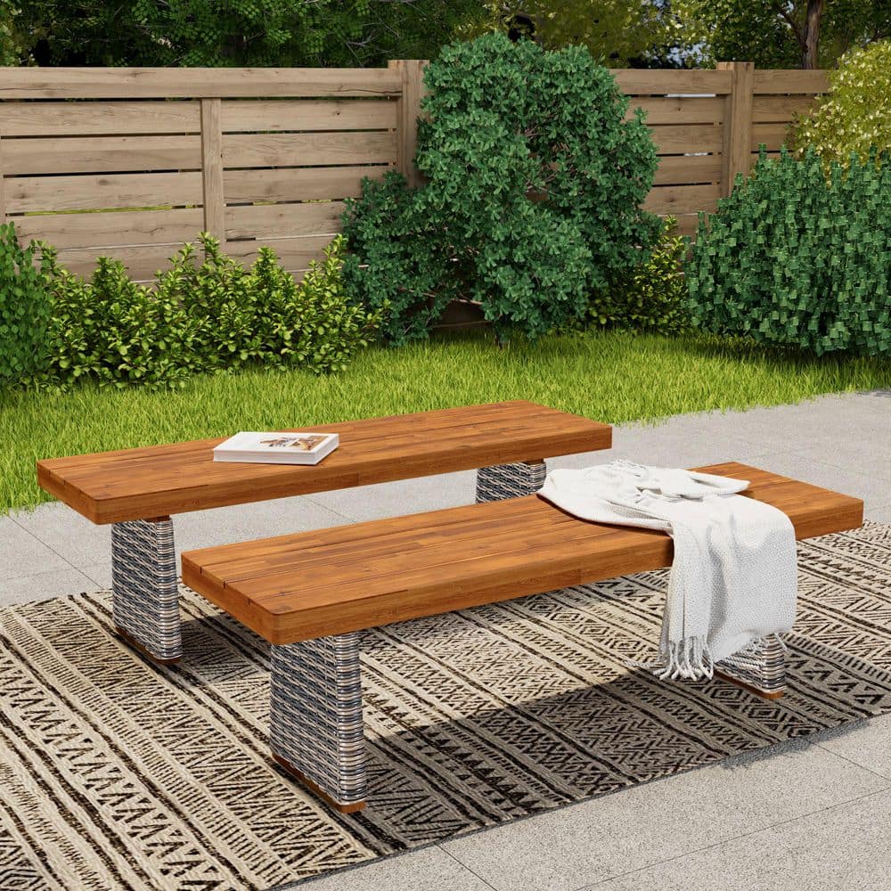 2-PC Teak Finish Acacia Wood Outdoor Benches with Grey Wicker Rattan ...