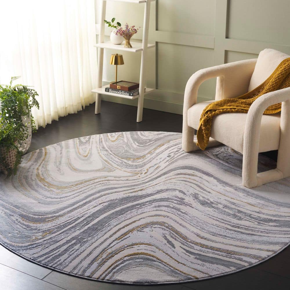 SAFAVIEH Prestige 7 ft. x 7 ft. Ivory/Gray Wavy Marble Abstract Round ...