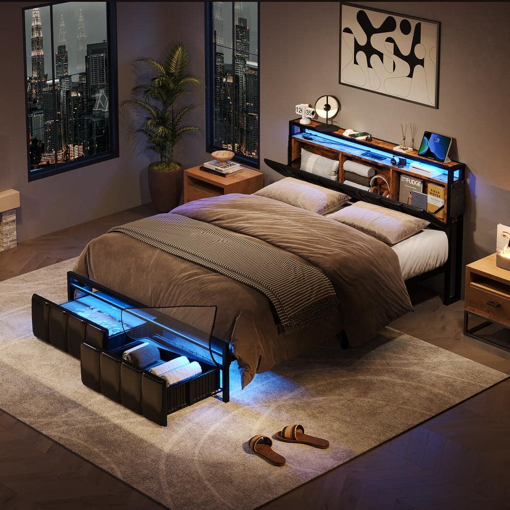 Bestier Metal Frame Full Size Platform Bed with Charge Station and Storage Headboard and Drawers Rustic Brown B700637H LBLK The Home Depot