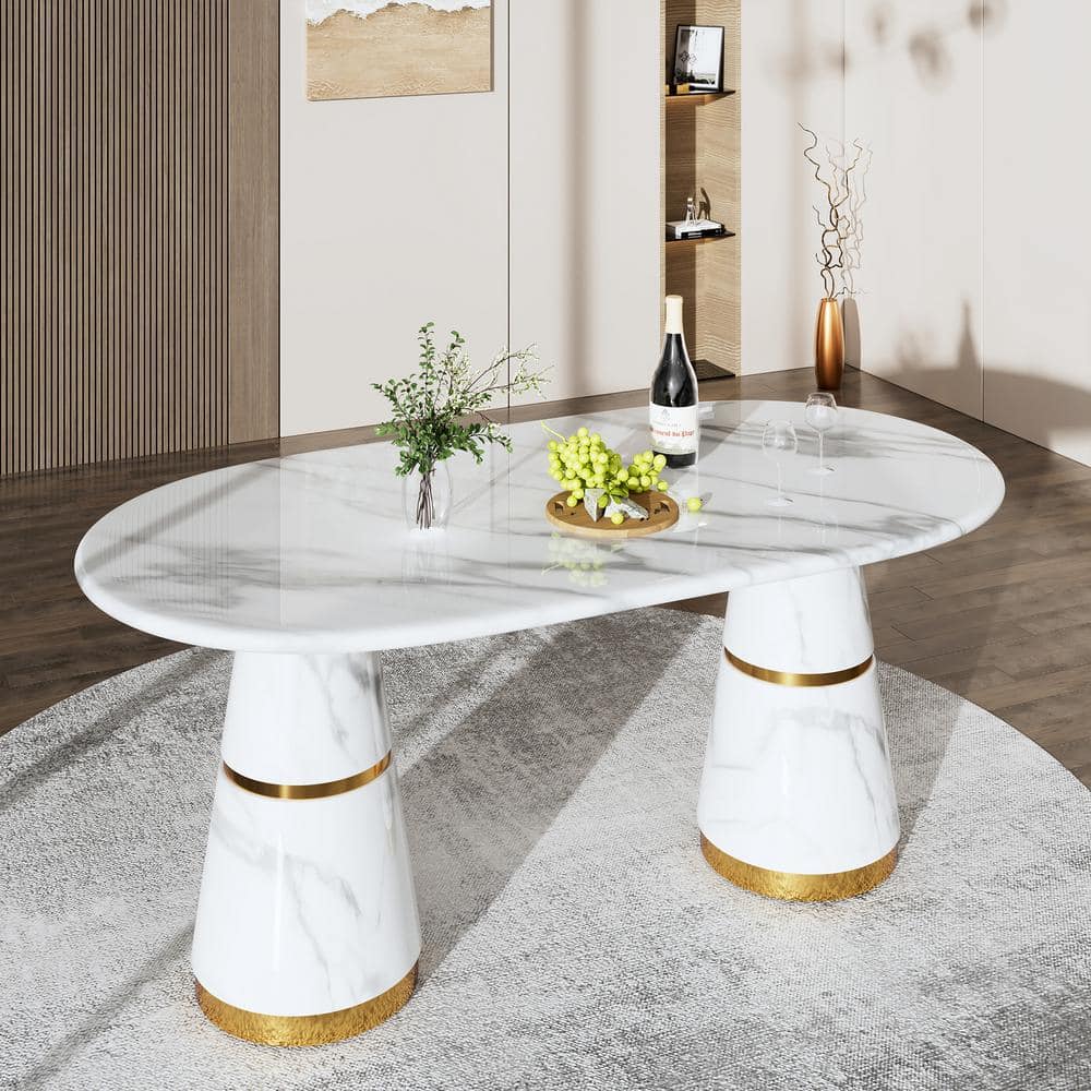 Clihome White Marble Top 70 in. W Conical Base Column Dining Table ...