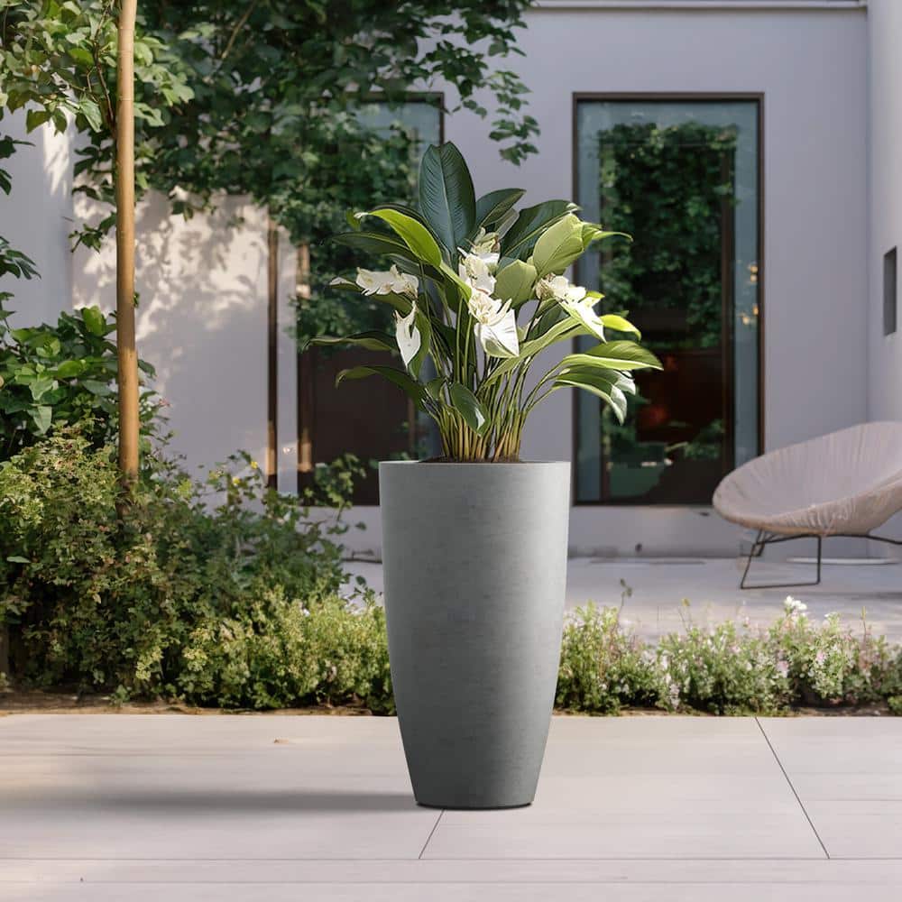 Sapcrete 23"H Concrete Tall Garden Plant Pots, Modern Round Lightweight ...
