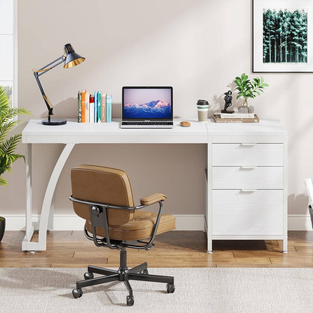 BYBLIGHT Havrvin 59 in. Rectangular White 3-Drawer Computer Desk with ...