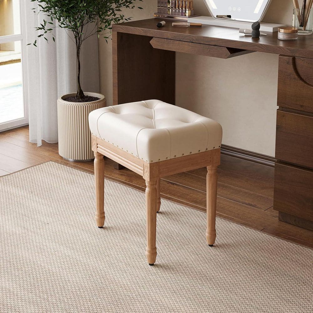 Lirago White Leather Vanity Stool for Makeup Room and Living Room ...