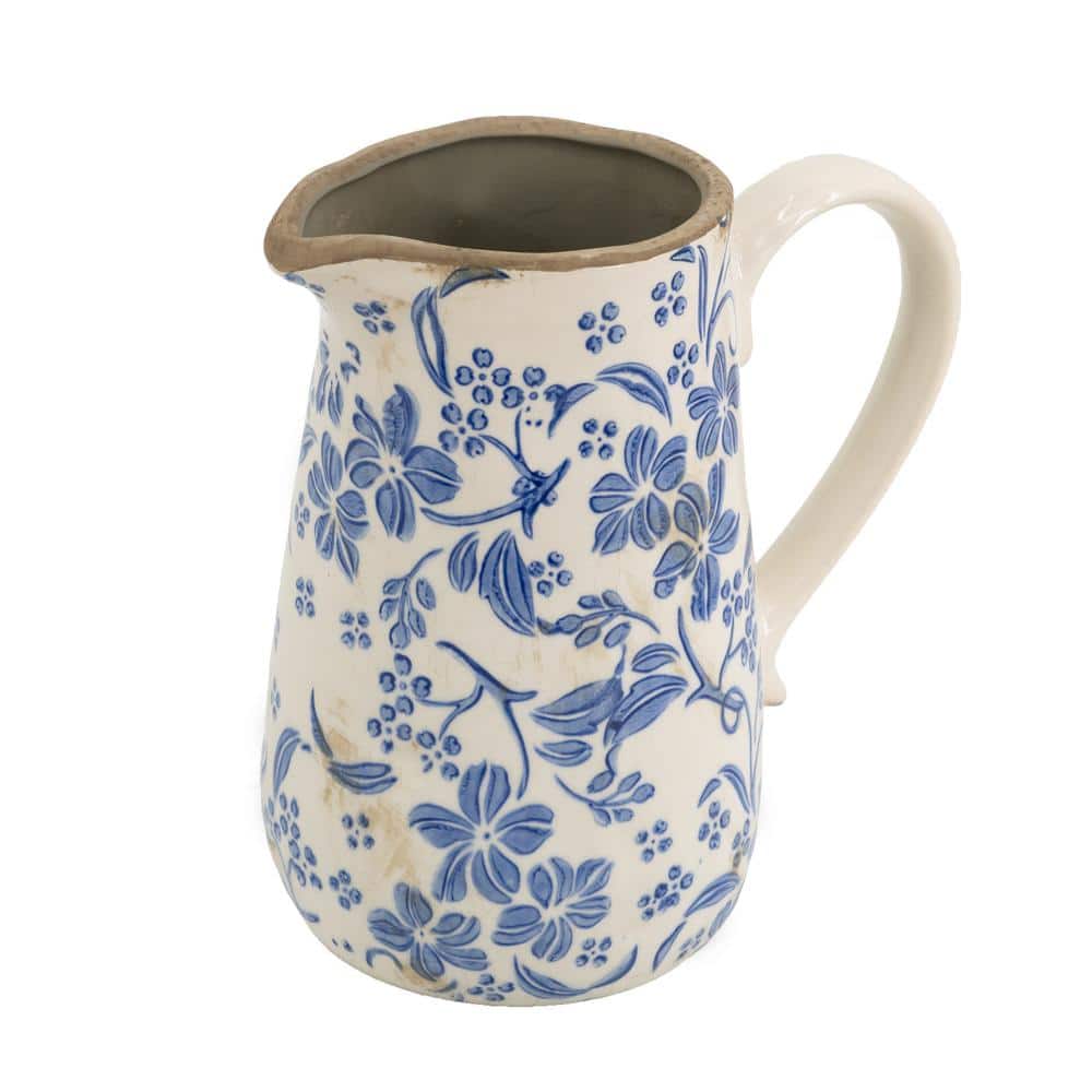 A & B Home 7.1 in. Blue and White Ceramic Pitcher Decorative Vase 61074 ...