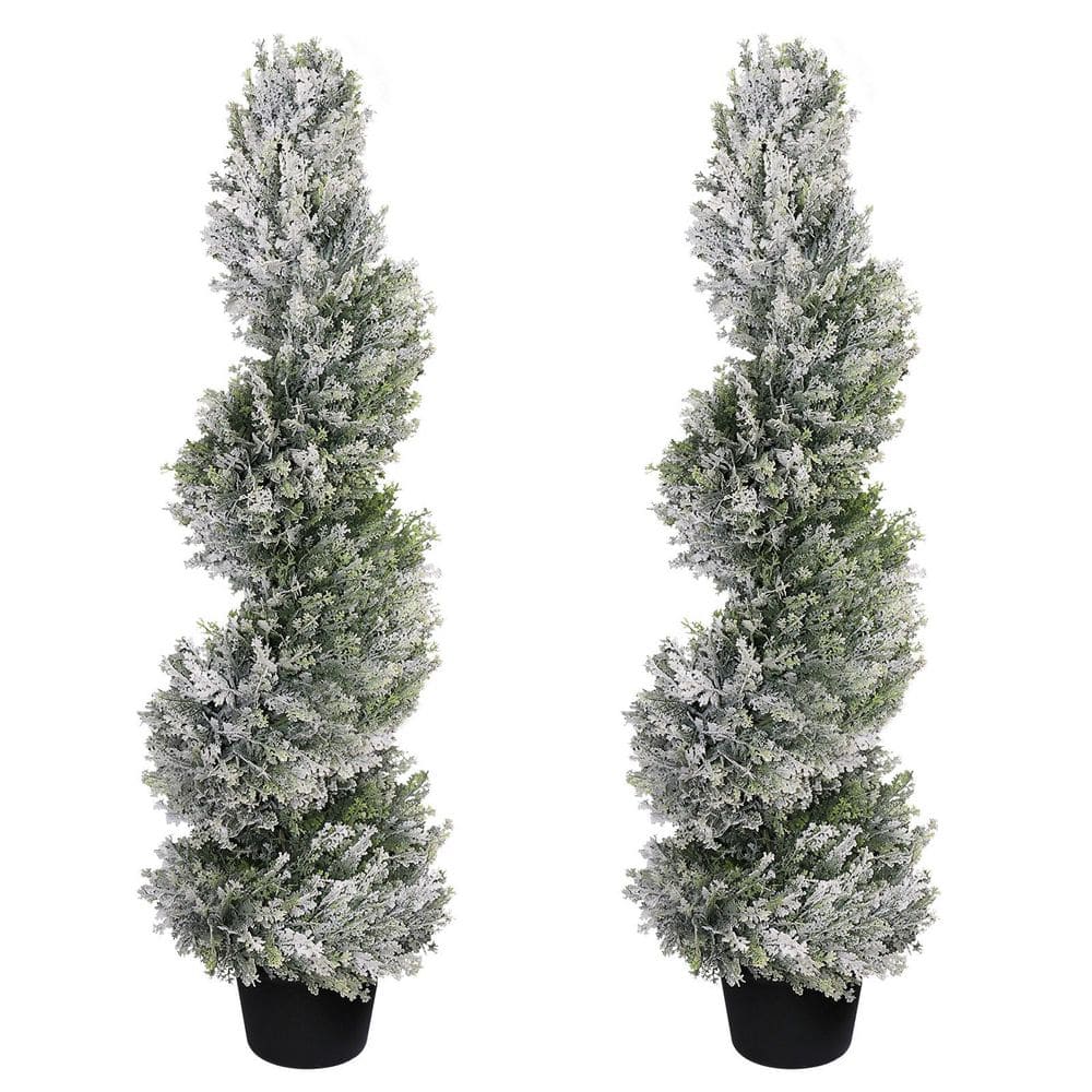 poetree 3 ft. Artificial Snow-Flocked Cedar Spiral Topiary Trees with ...