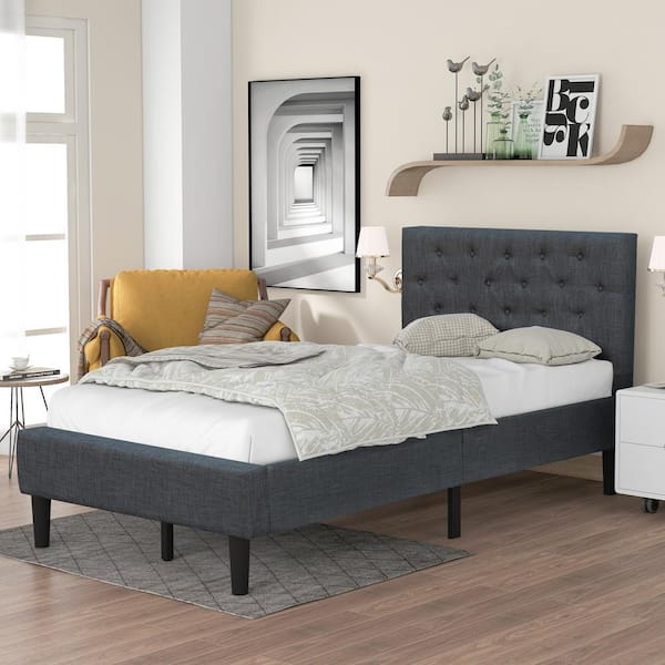 GODEER 84 in. W Gray Twin Size Upholstered Linen Platform Bed ...