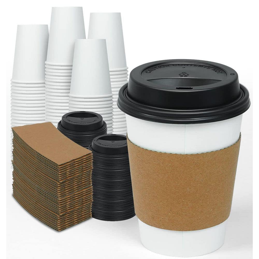 Wudkey 12 oz. Disposable Thickened Paper Coffee Cups with Lids and ...