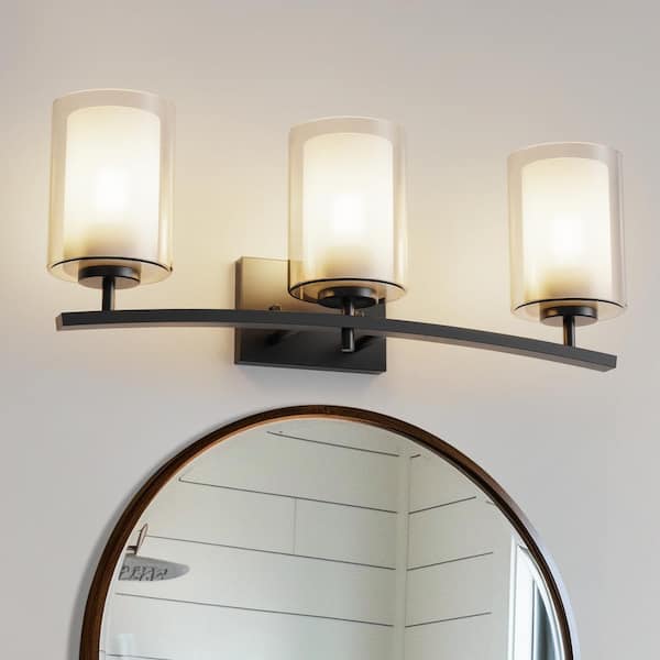 YANSUN 24 in. 3-Light Black Vanity Light with White Cylinder Glass ...