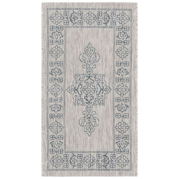 SAFAVIEH Courtyard Gray/Navy 3 ft. x 5 ft. Border Medallion Indoor ...