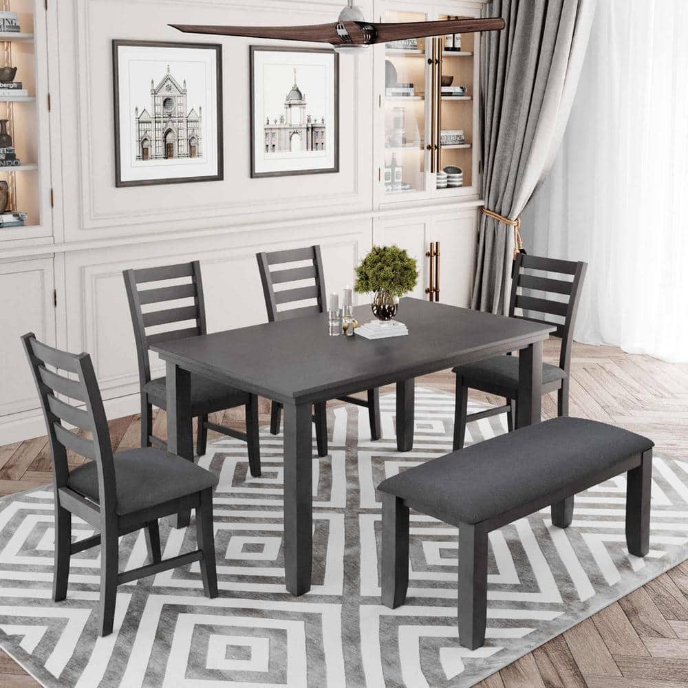 Polibi 6-Piece Rustic Gray Wood Top Dining Room Set Seats 5 RS-96012 ...