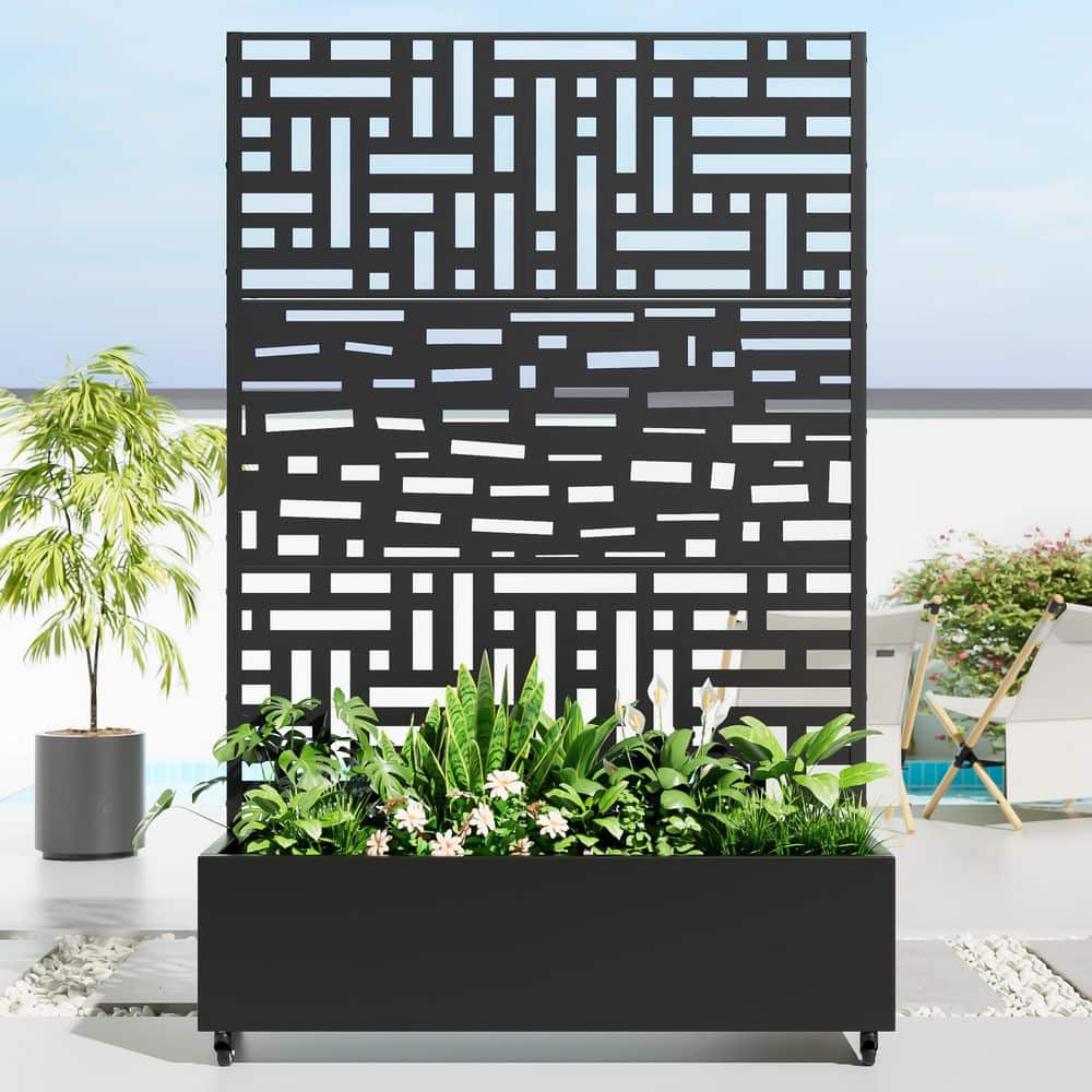 Dovelina 73 in. Black 3-Panel Metal Iron Planter Box with Attached ...