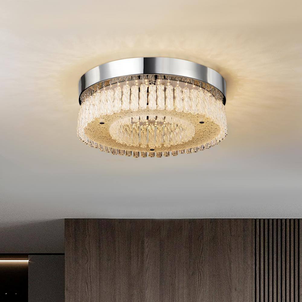 FIRHOT 13.8 in. Chrome Metal Crystal Integrated LED Flush Mount Ceiling ...
