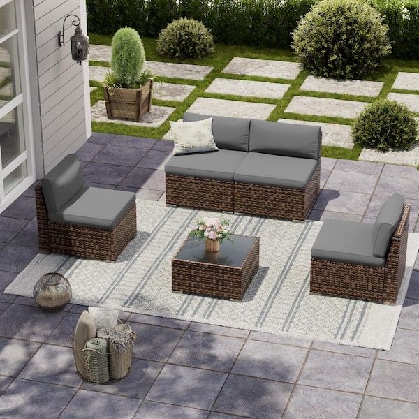 Poteban 4-Person Brown Wicker Patio Conversation Sets With GrayCushions ...
