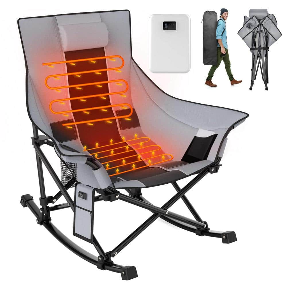 SEEUTEK Grey and Black Oversized Heated Rocking Camping Chair, Portable ...