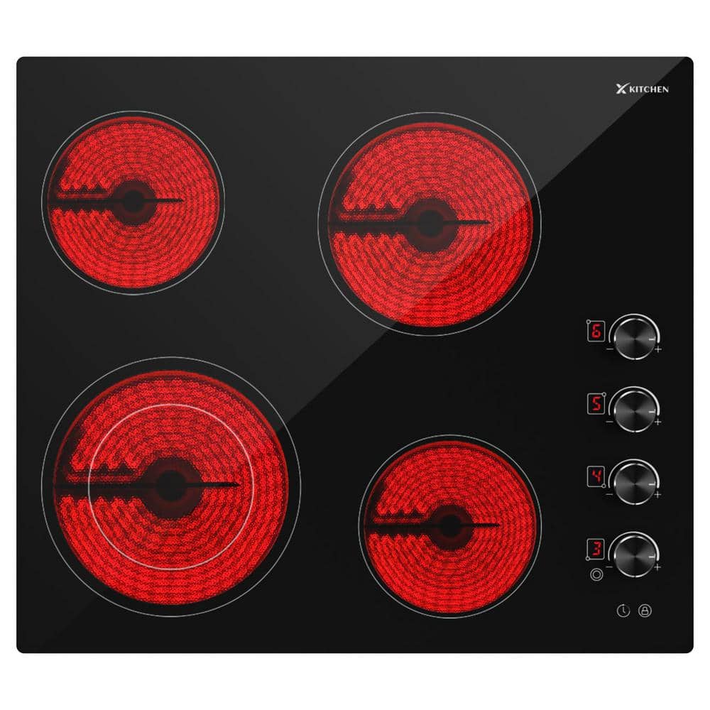 X KITCHEN 24 in. 4-Elements Ceramic Electric Cooktop in Black with Dual ...