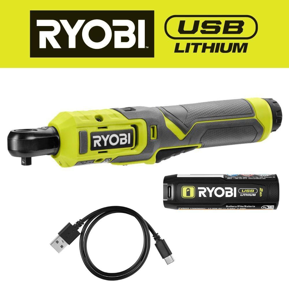 RYOBI USB Lithium 1/4 in. Ratchet Kit with 2.0 Ah Battery and USB ...