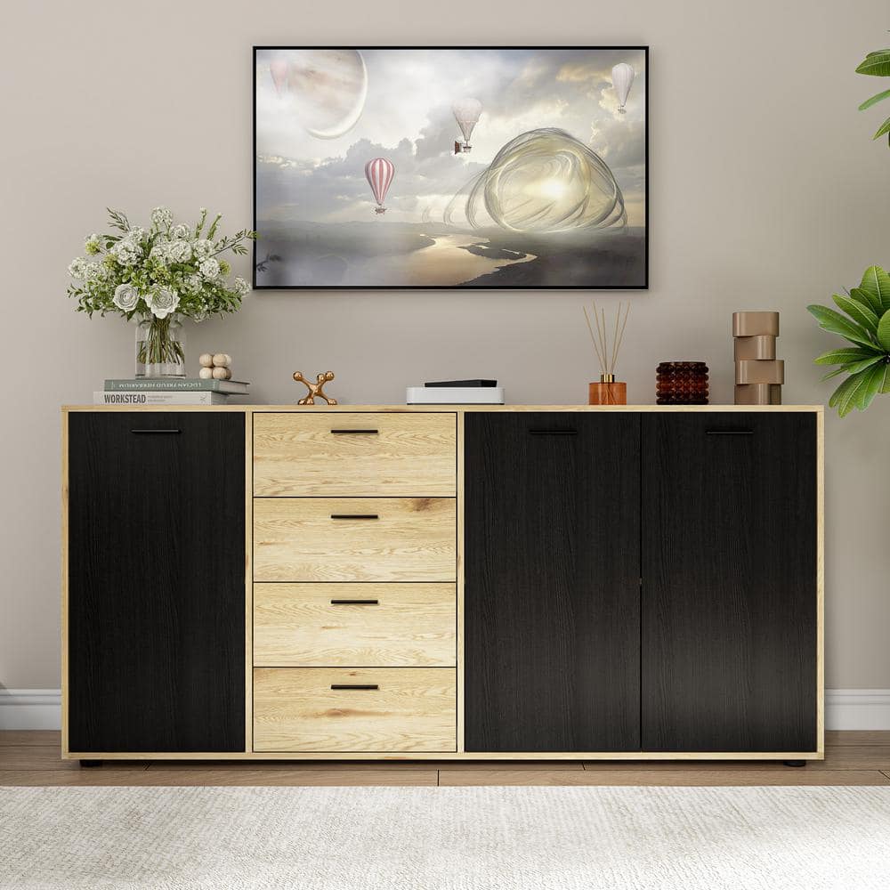 FUFU&GAGA Burly Wood Color and Black TV Stand Wooden Entertainment ...