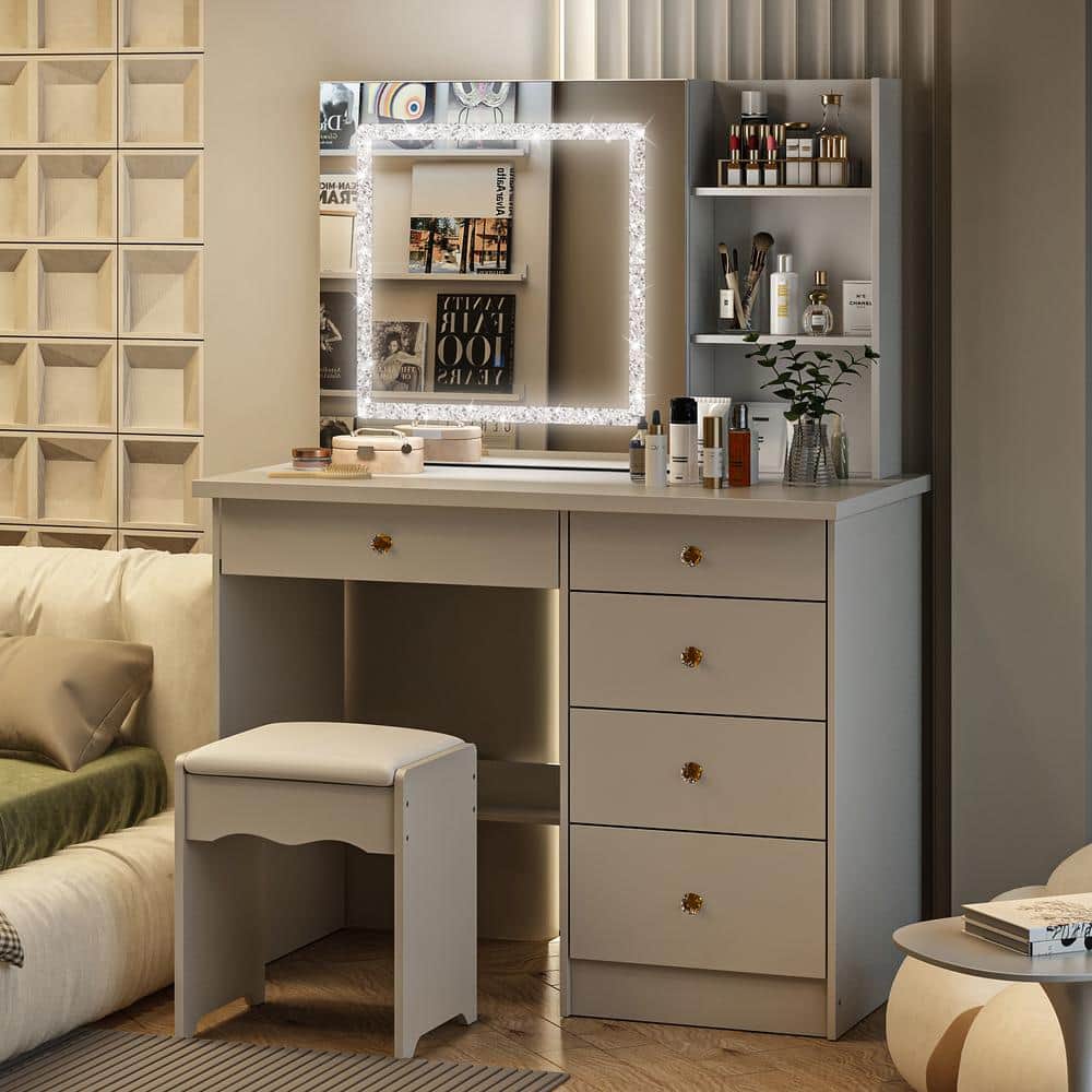 FUFU&GAGA 5-Drawers White Wood LED Push-Pull Mirror Makeup Vanity Set Dressing Table Sets with ...