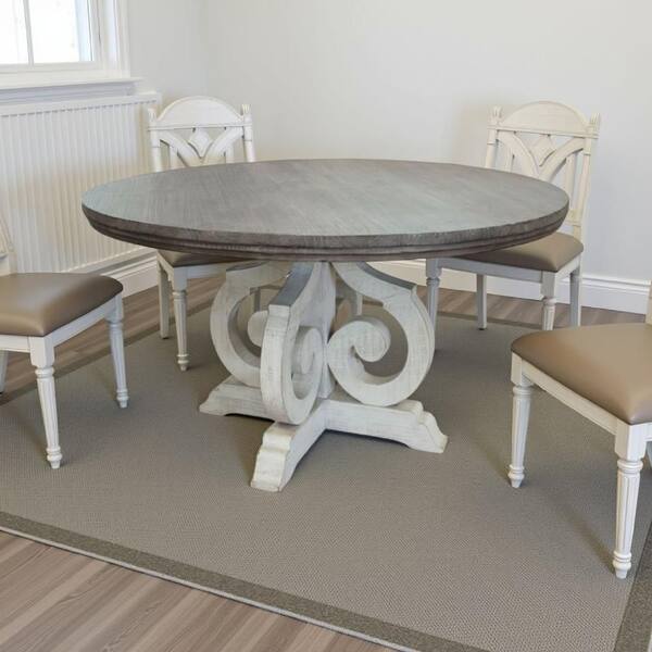 Benjara Sim White and Gray Wood 60 in. Pedestal Dining Table Seats 4 ...