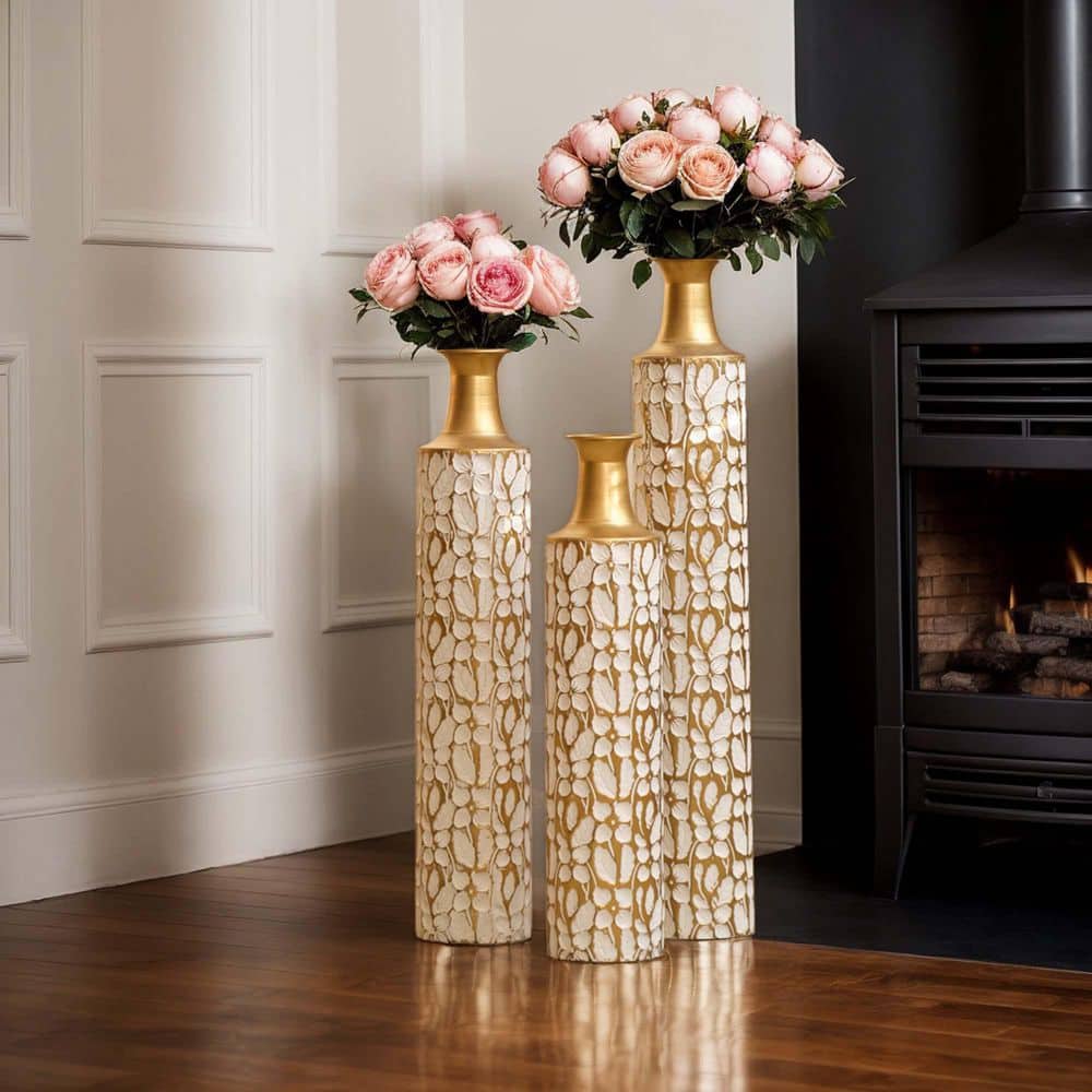 ANBAZAR Antique White Gold Metal Floor Vintage Decorative Vases set of ...