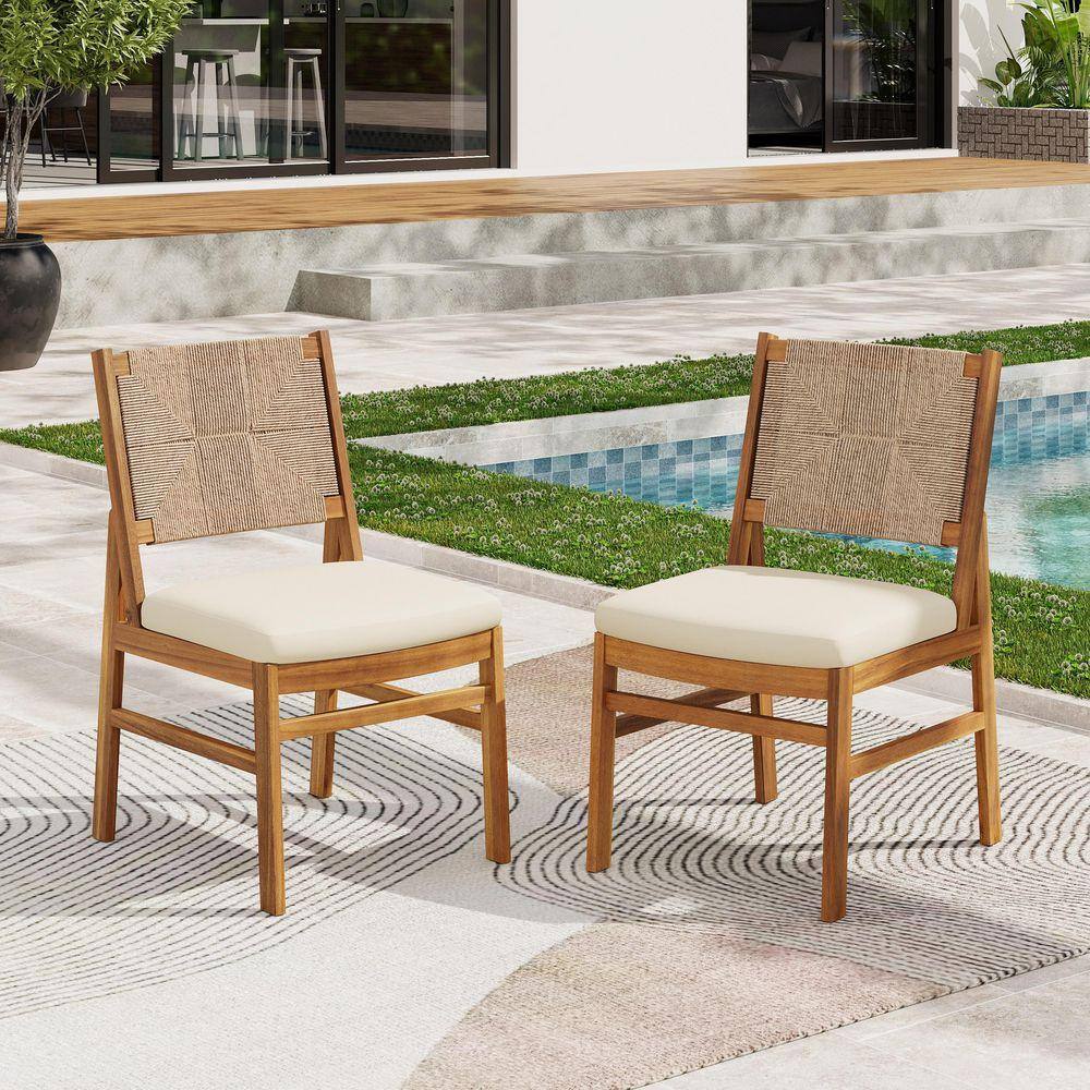 Outdoor Acacia Wood and Wicker Woven Dining Chair with Cushions, Cream ...