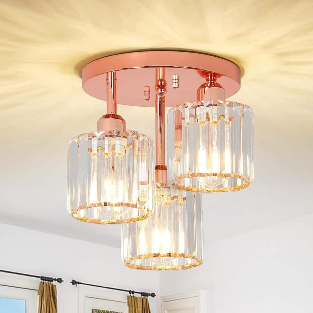 10 in. 3-Light Pink Modern Semi Flush Mount Ceiling Light with Crystal ...