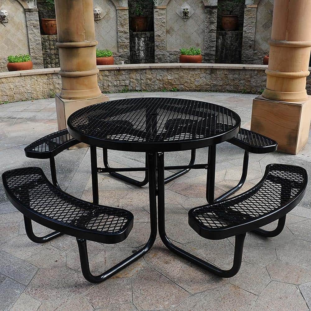 Cesicia 46 in. Round Outdoor Steel Picnic Table with Umbrella Pole in ...
