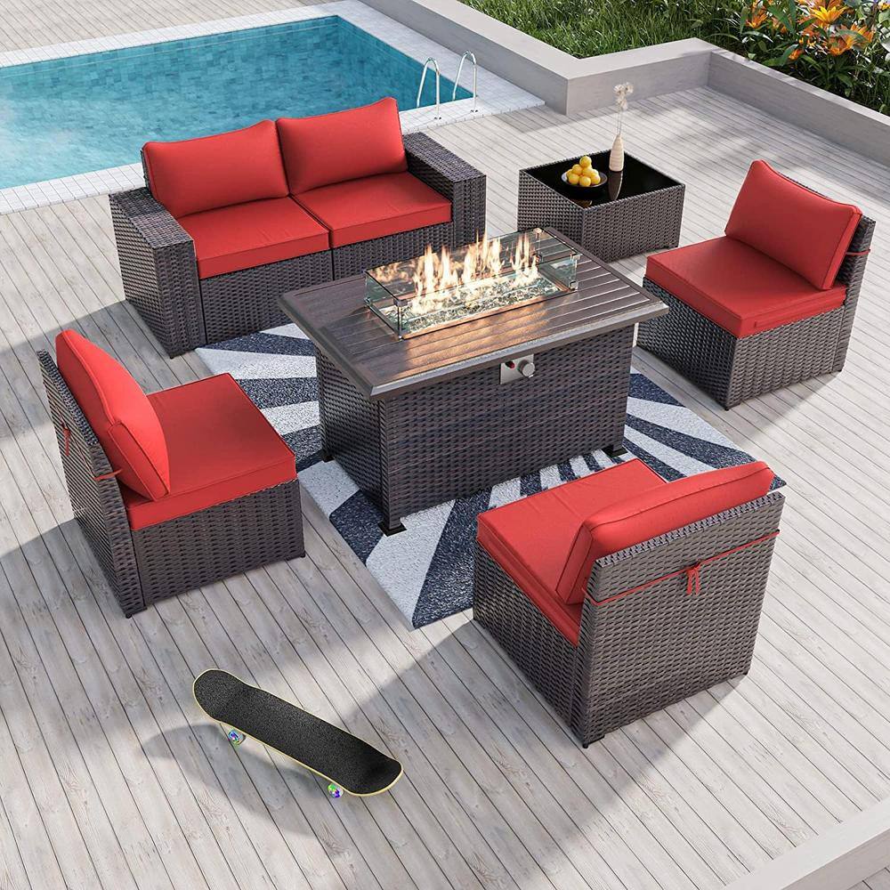 Halmuz 7-Piece Wicker Patio Conversation Set with 55000 BTU Gas Fire ...