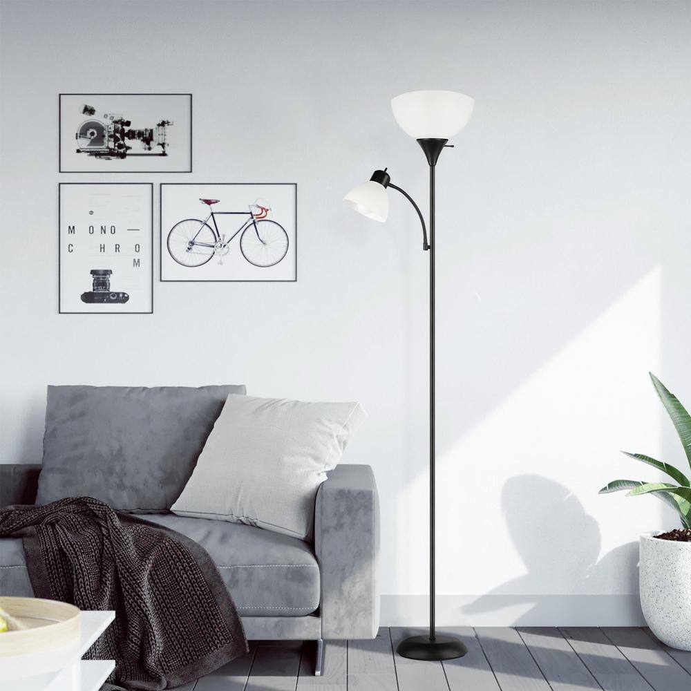 BICIK 71 in. Black 2-Light Torchiere Floor Lamp with 2 White Acrylic ...