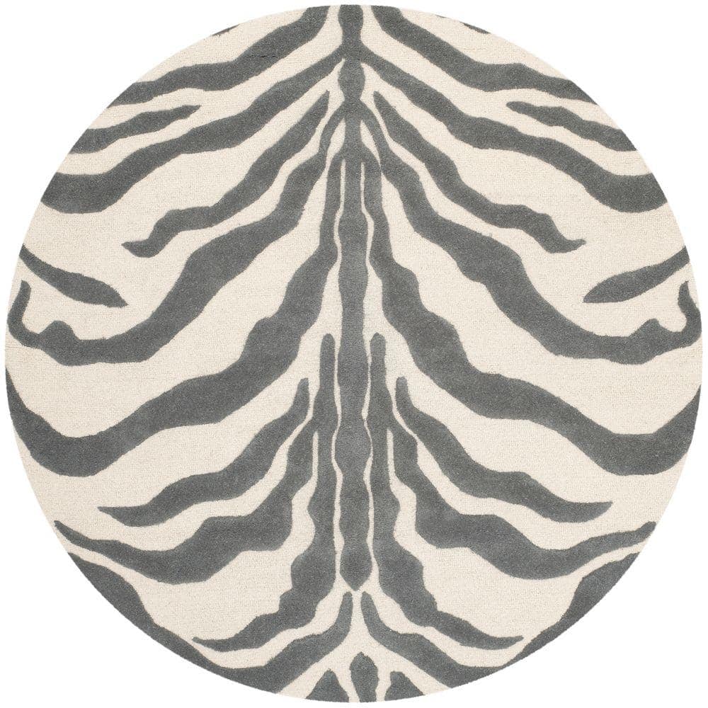 SAFAVIEH Cambridge Ivory/Dark Gray 6 ft. x 6 ft. Round Animal Print ...