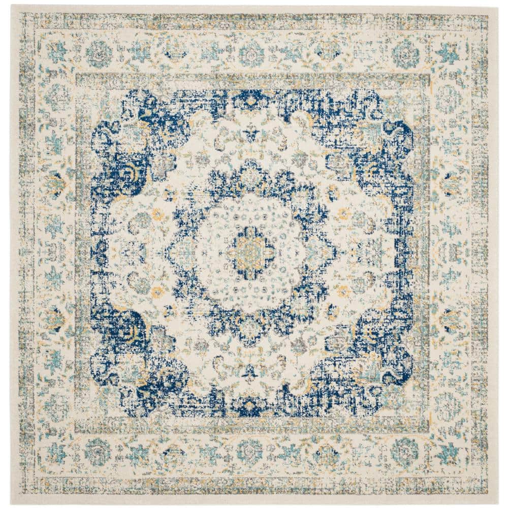 SAFAVIEH Evoke 7 ft. x 7 ft. Ivory/Blue Square Border Medallion ...